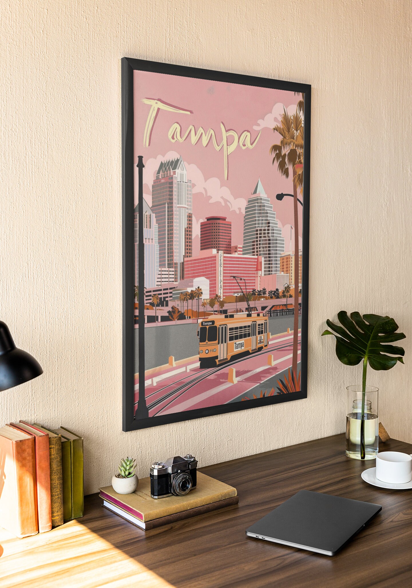 Tampa Riverwalk Retro Poster, Tampa Travel Poster, Pink Tampa Print ...