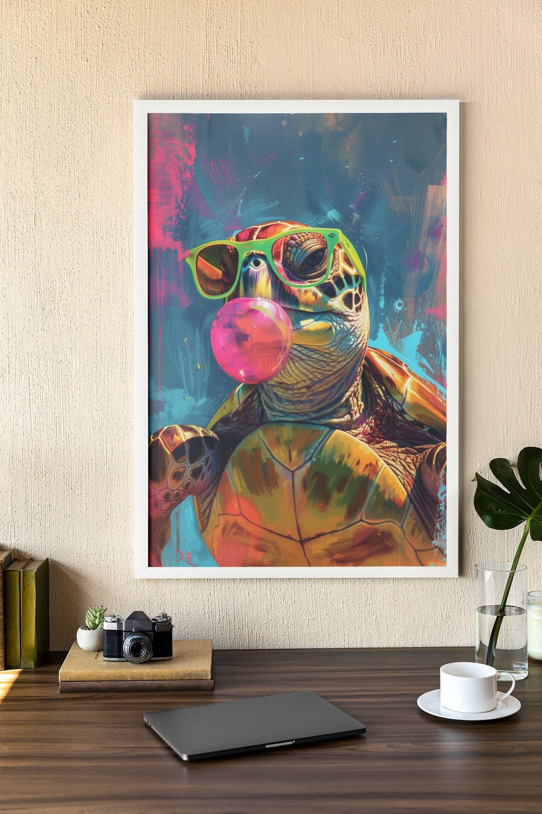 Trendy Turtle Poster - Turtle With Sunglasses and Bubble Gum - Funky ...