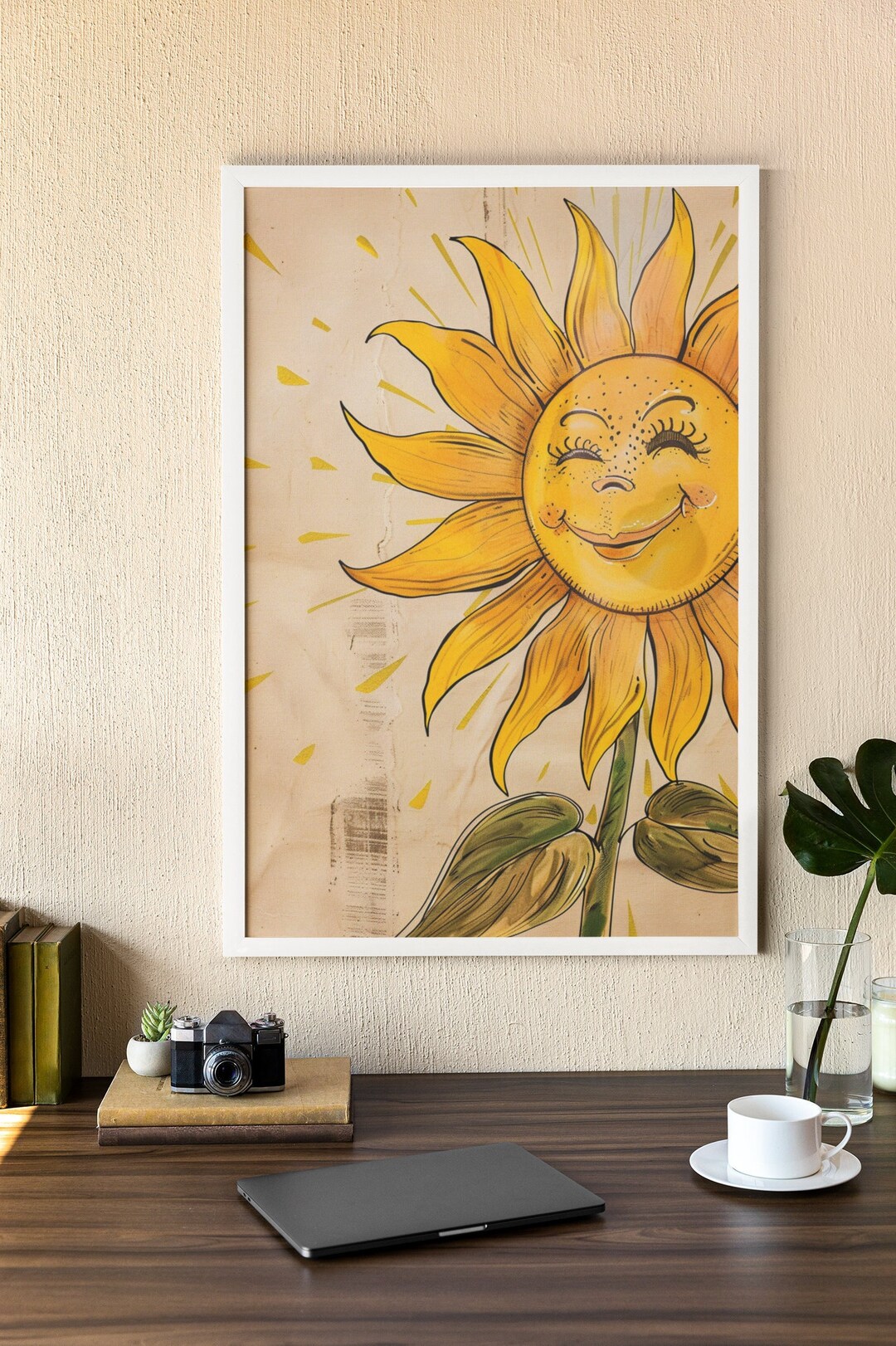 Cheerful Sunflower Illustration Poster Print Happy Sunflower Wall Art ...
