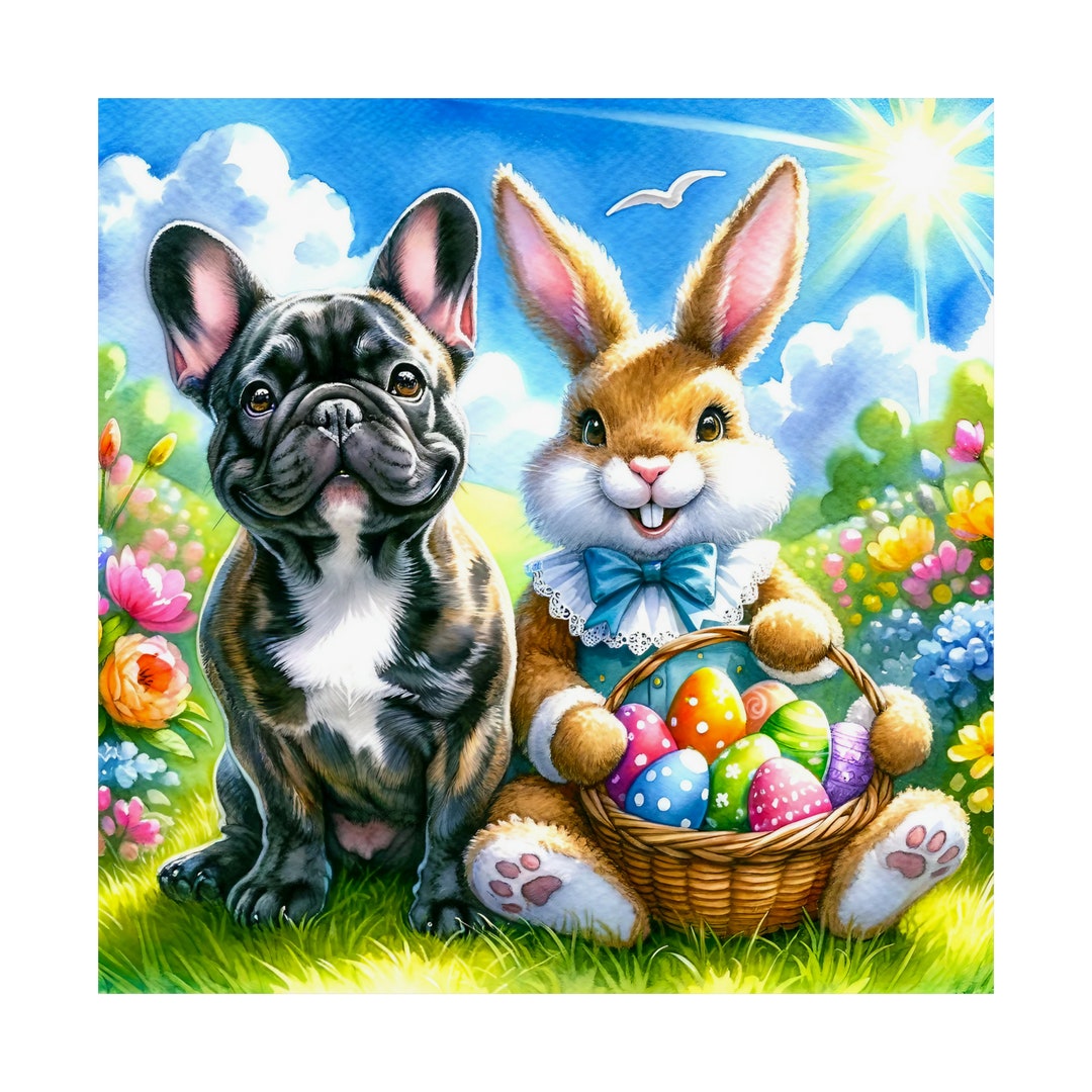 Easter Egg Hunt Poster Frenchie and Bunny Colorful Spring Wall Art ...