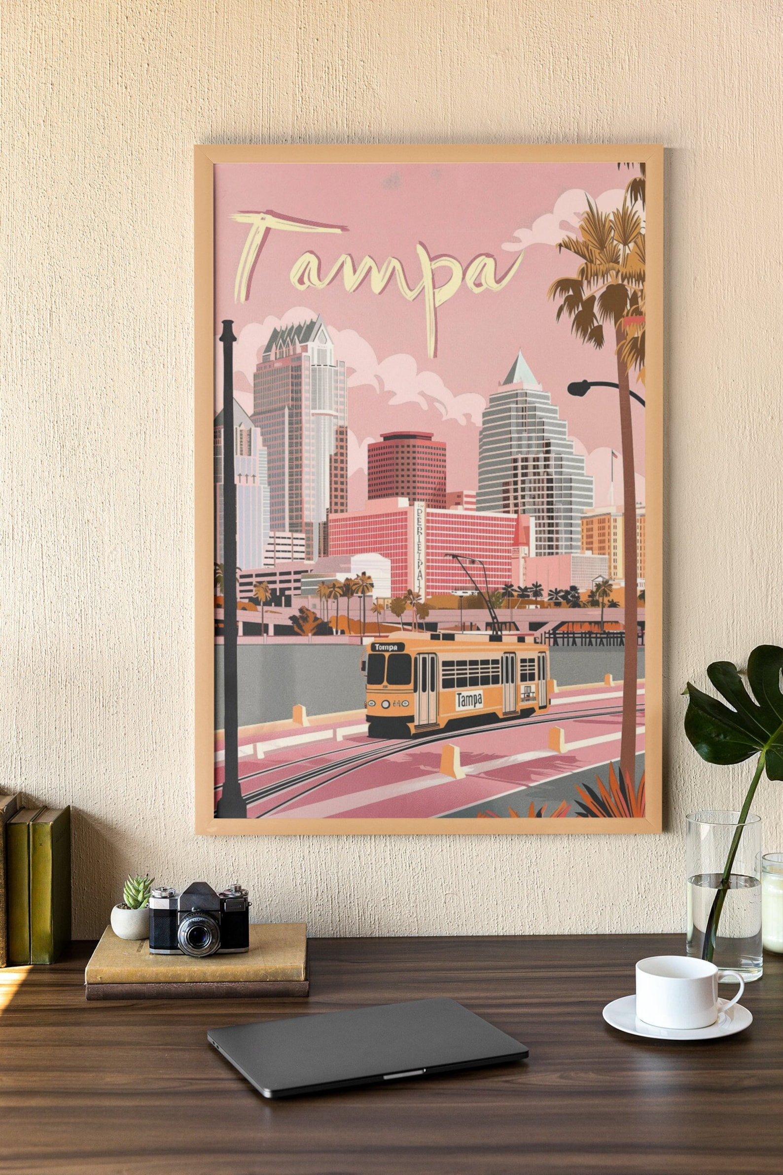 Tampa Riverwalk Retro Poster, Tampa Travel Poster, Pink Tampa Print ...