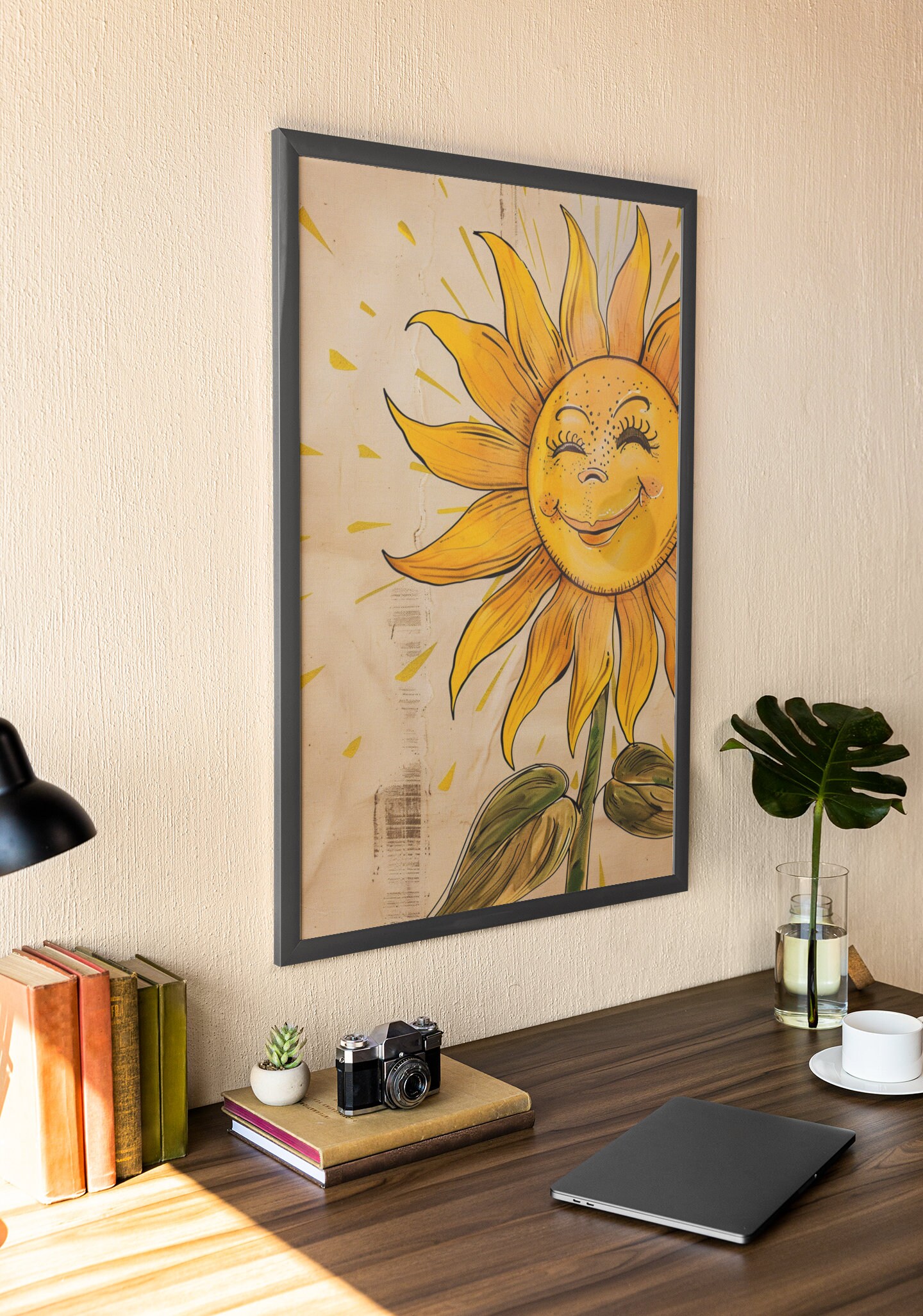 Cheerful Sunflower Illustration Poster Print Happy Sunflower Wall Art ...