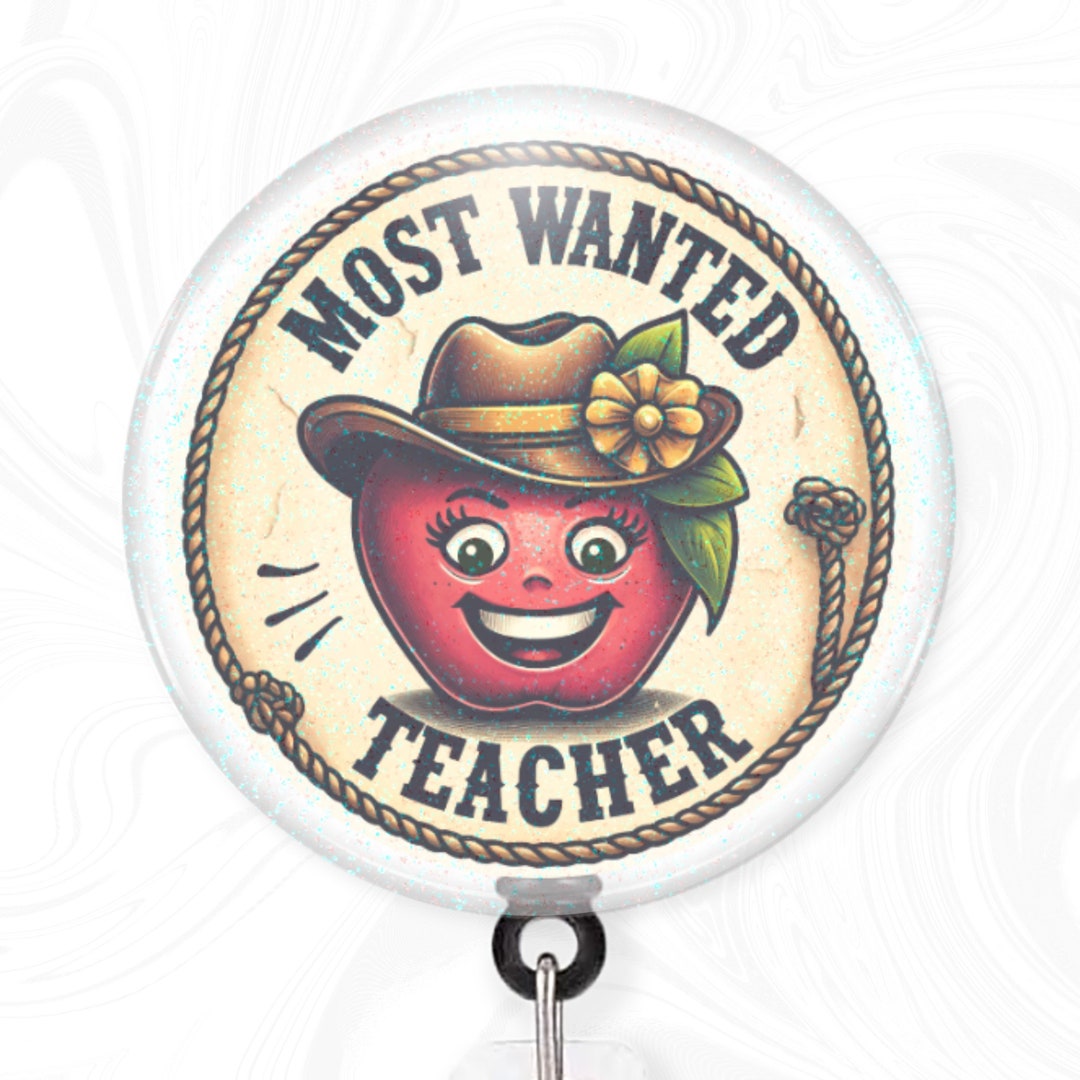 Cute Western Apple Teacher Badge Reel, Glitter Cowboy Hat Retractable ...