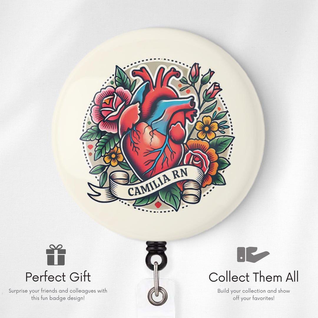 Personalized Cardiology Nurse Badge Reel, Floral Heart Anatomy ID ...