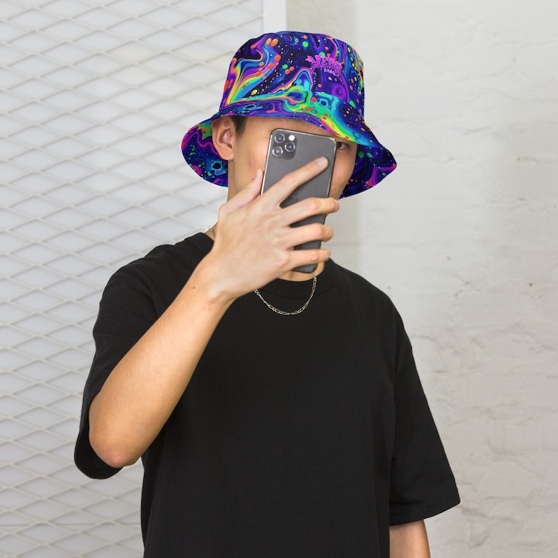 Neon Nebula Trippy Bucket Hat Black Light Meltdown Reversible Rave ...