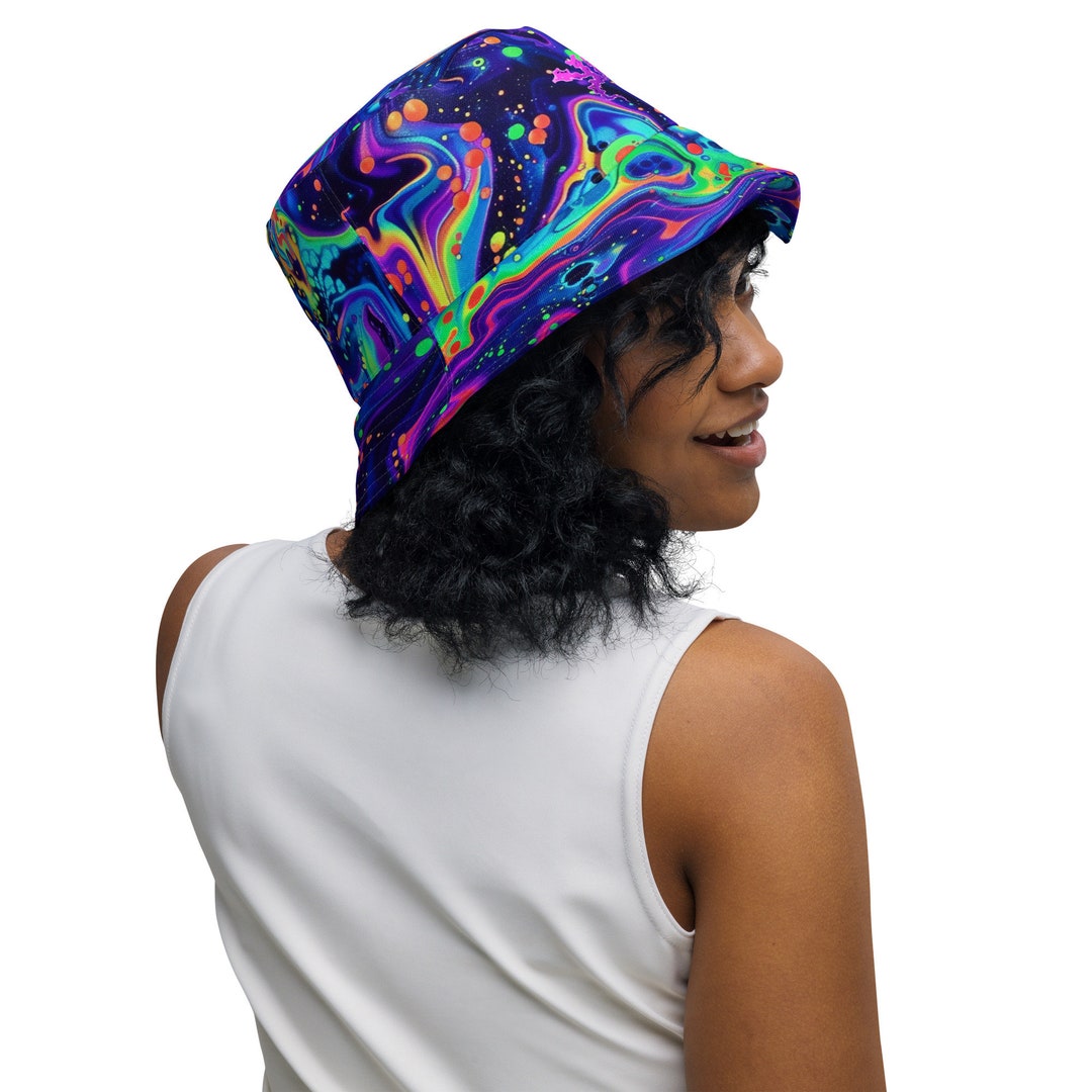 Neon Nebula Trippy Bucket Hat Black Light Meltdown Reversible Rave ...