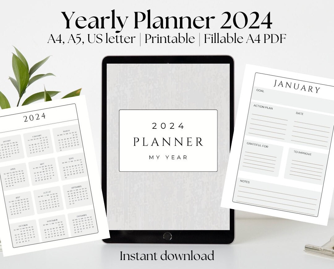 Yearly Digital Planner 2024, Printable Goal Planner, Year at a Glance ...