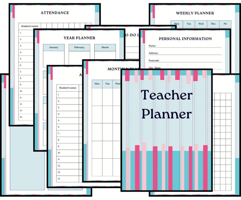 Pink Blue Teacher Planner Printable, Organizer, Productivity, Digital ...