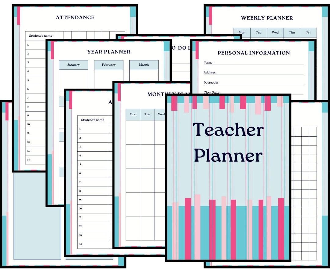 Pink Blue Teacher Planner Printable, Organizer, Productivity, Digital ...