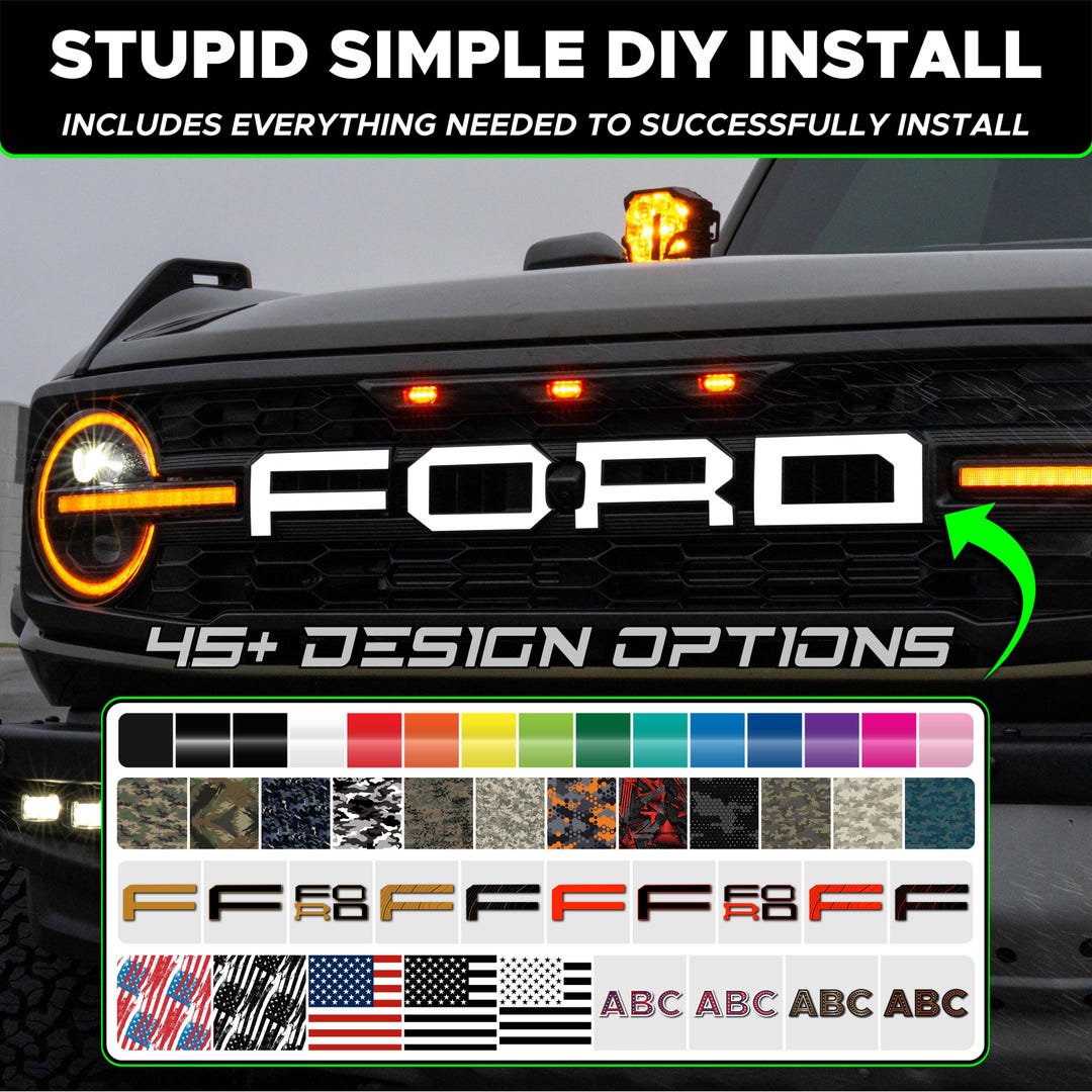 Ford Bronco Raptor Vinyl Grille Letters Camo, Solid Colors, USA, Amber ...
