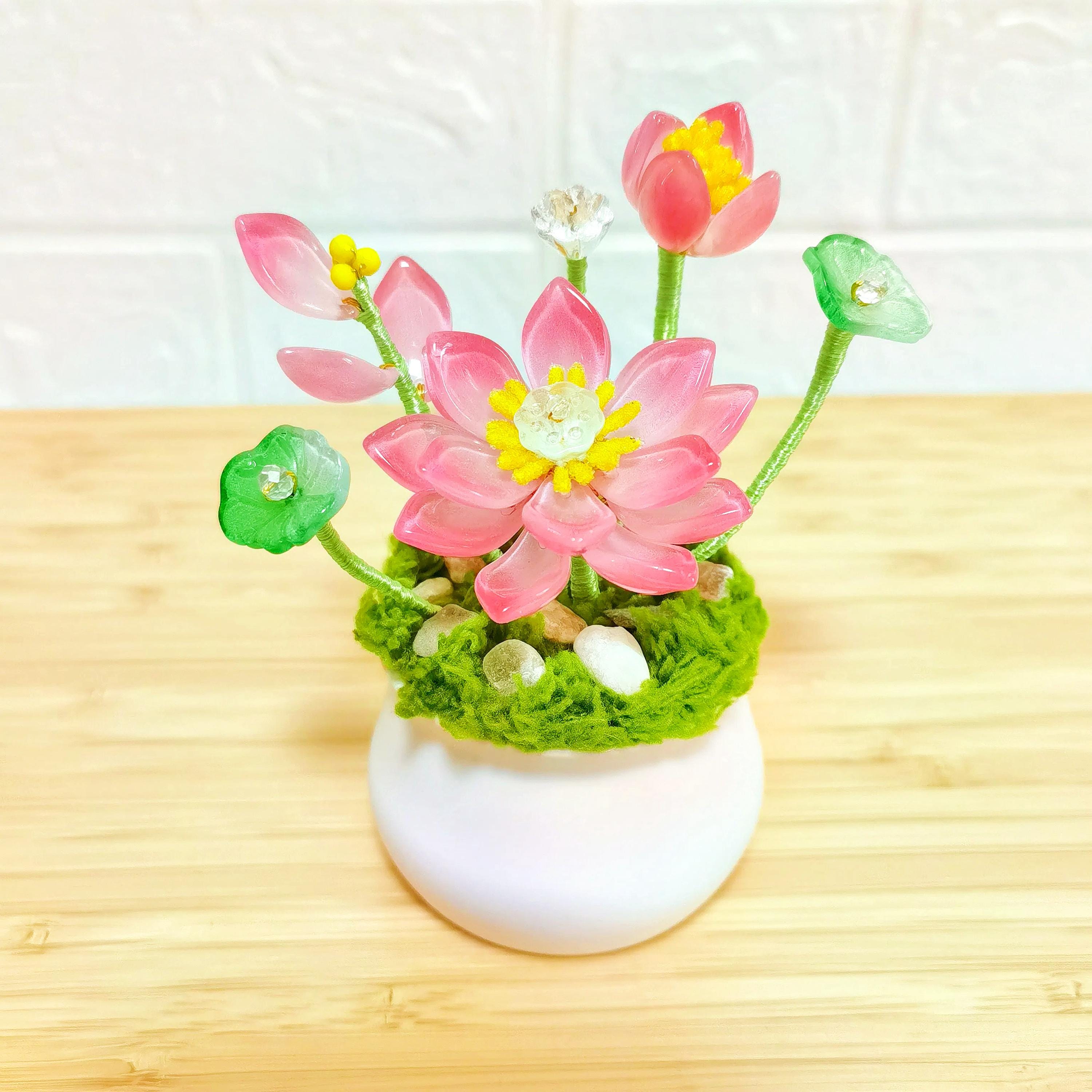 Handcrafted Glass Lotus Flower: Pink Crystal Bloom in White Pot ...
