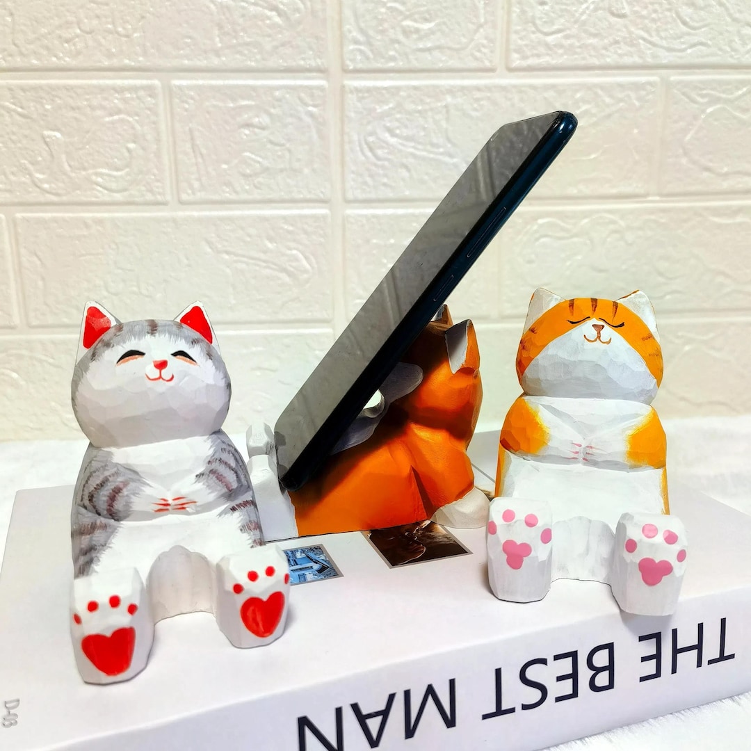 Unique Handcarved Wooden Cat Phone Holder: Ideal Sculpture Ornament for ...