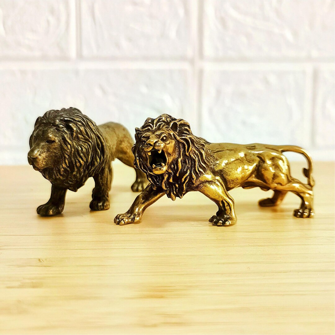 Solid Brass Lion Statue: Vintage Style Lion Figurine, Mini Metal Animal ...