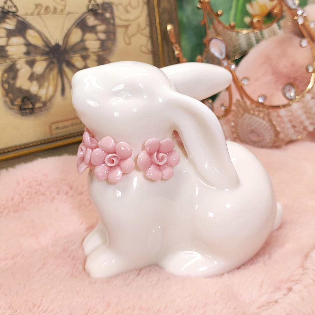 Ceramic Easter Bunny Decoration: Spring Rabbit Figurine With Pink ...