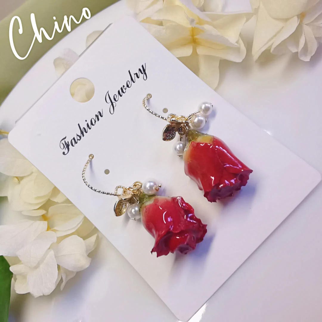 Handmade Romantic Red Rose Stud Earrings: Elegant Dried Flowers Resin ...