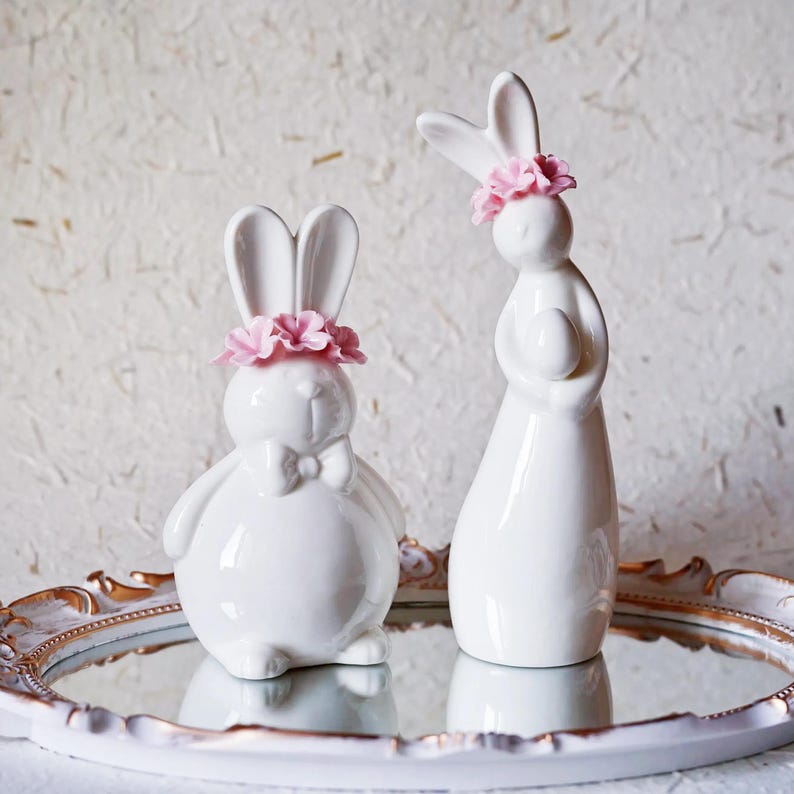 Easter Bunny Couple Figurines: Ceramic Rabbit Spring Decor With Pink ...