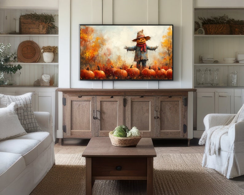Rustic Autumn Scarecrow Digital Art for TV Frame, Fall Pumpkin Patch ...