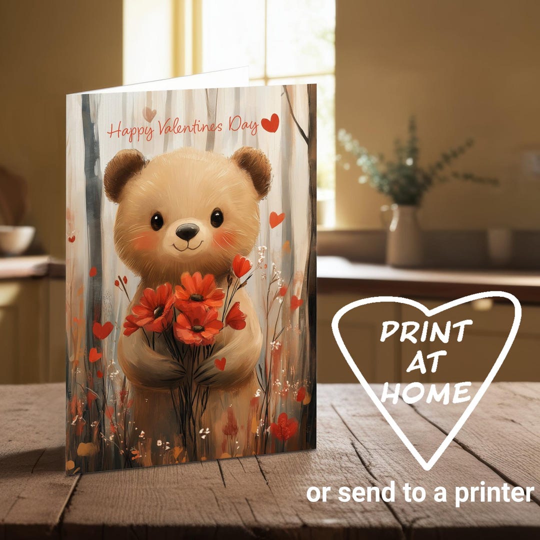 Cute Bear Valentines Day Card, Instant Download Digital Card, Romantic ...