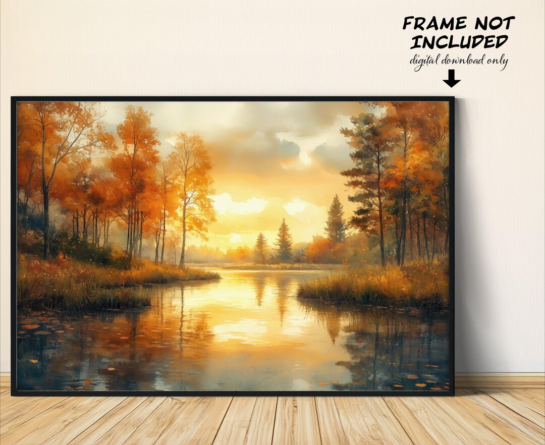 Autumn Lake Sunset Watercolor Print: Fall Landscape Wall Art (digital ...