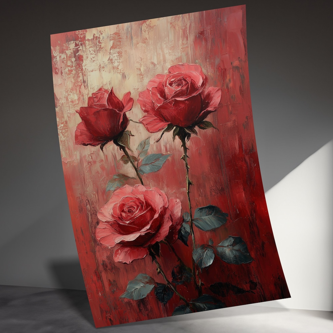 Red Roses Floral Art Print: Romantic Painting Wall Decor (digital ...