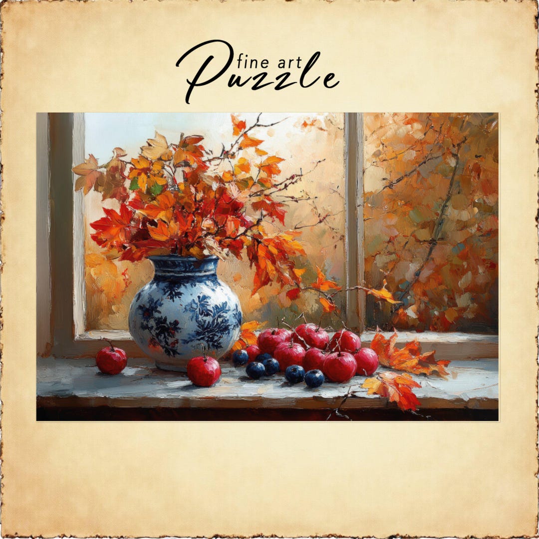 Autumn Still Life Puzzle With Vase of Leaves and Fruits, Jigsaw Puzzle ...