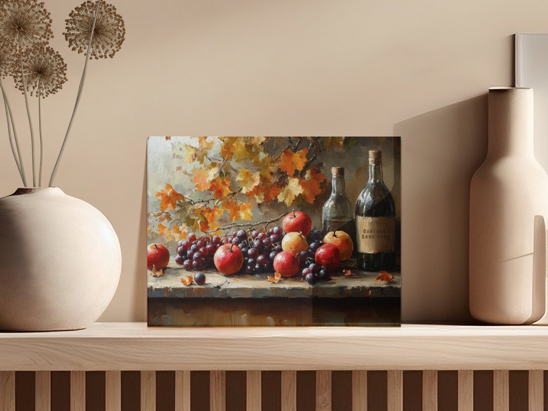 Autumn Still Life Digital Art Print, Apples and Grapes Painting, Wine ...