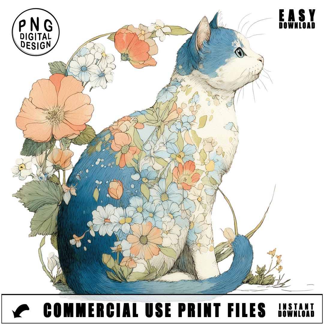 Floral Cat PNG: Watercolor Clipart for DIY Crafts (digital Download) - Etsy