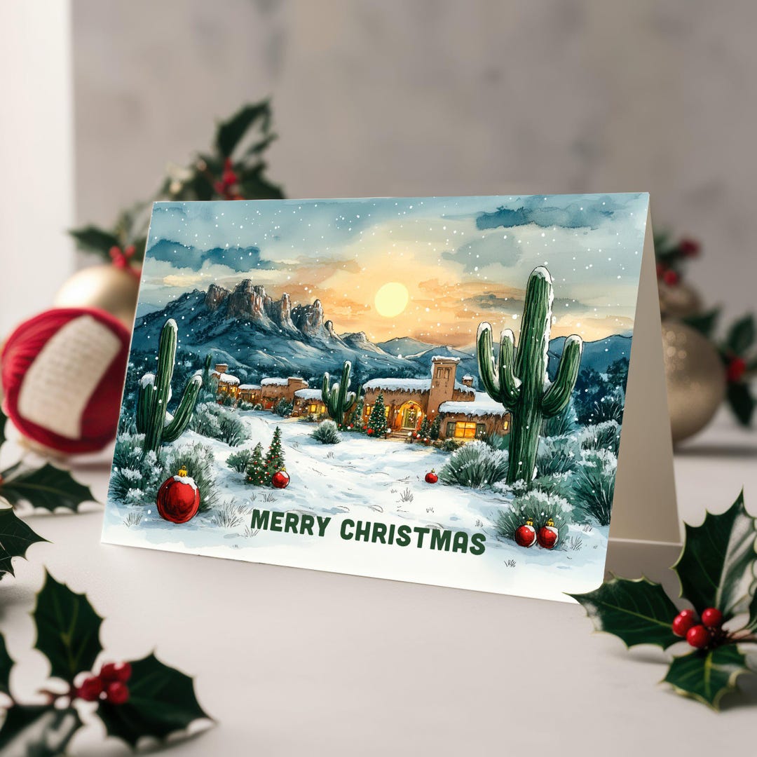 Printable Merry Christmas Card Snowy Landscape Cactus Desert Holiday ...