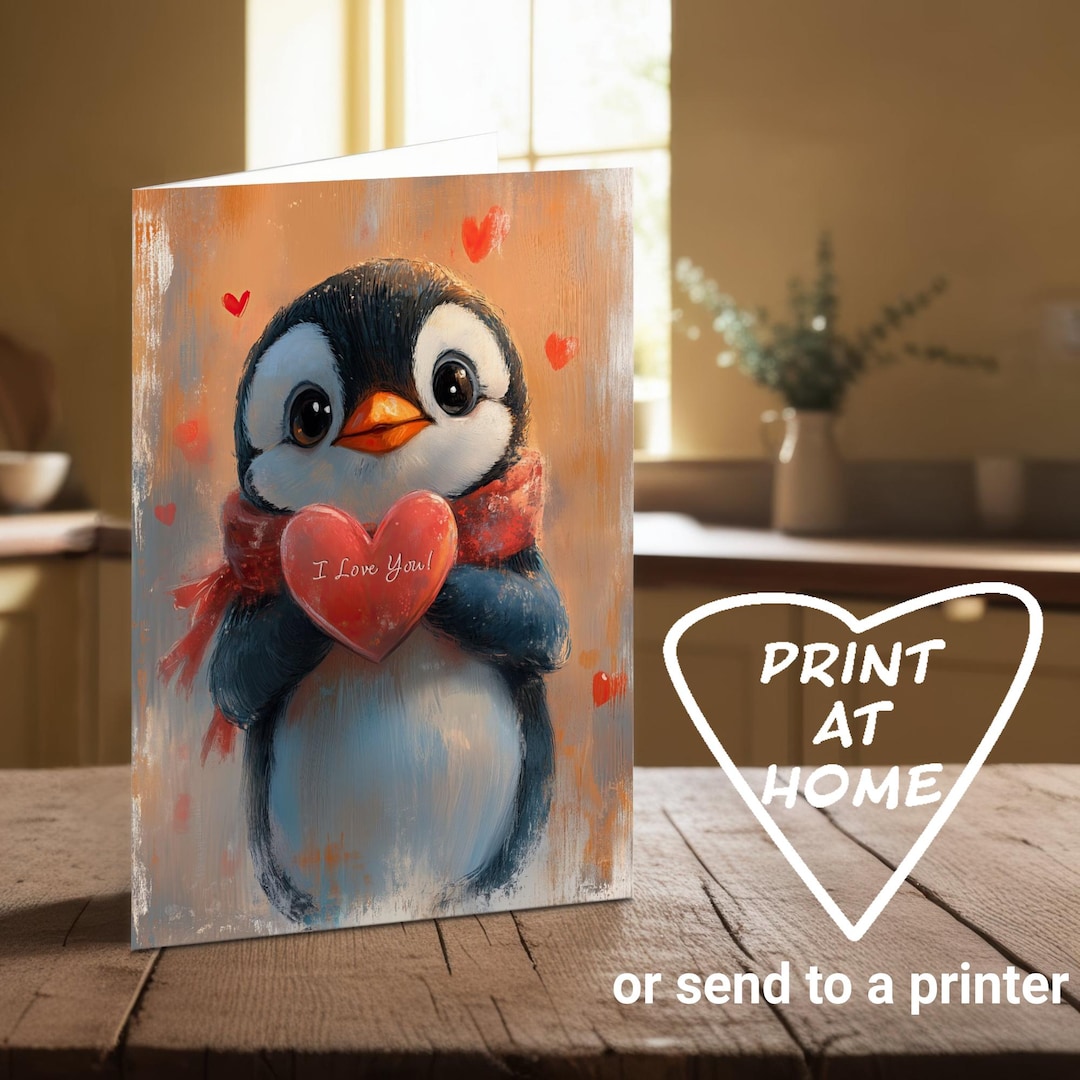 Cute Penguin Holding Heart, I Love You Digital Card, Instant Download ...