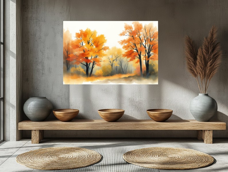 Watercolor Autumn Landscape Printable Wall Art, Fall Forest Digital ...