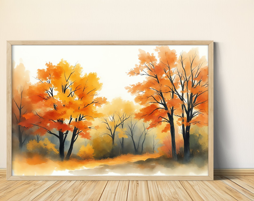 Watercolor Autumn Landscape Printable Wall Art, Fall Forest Digital ...