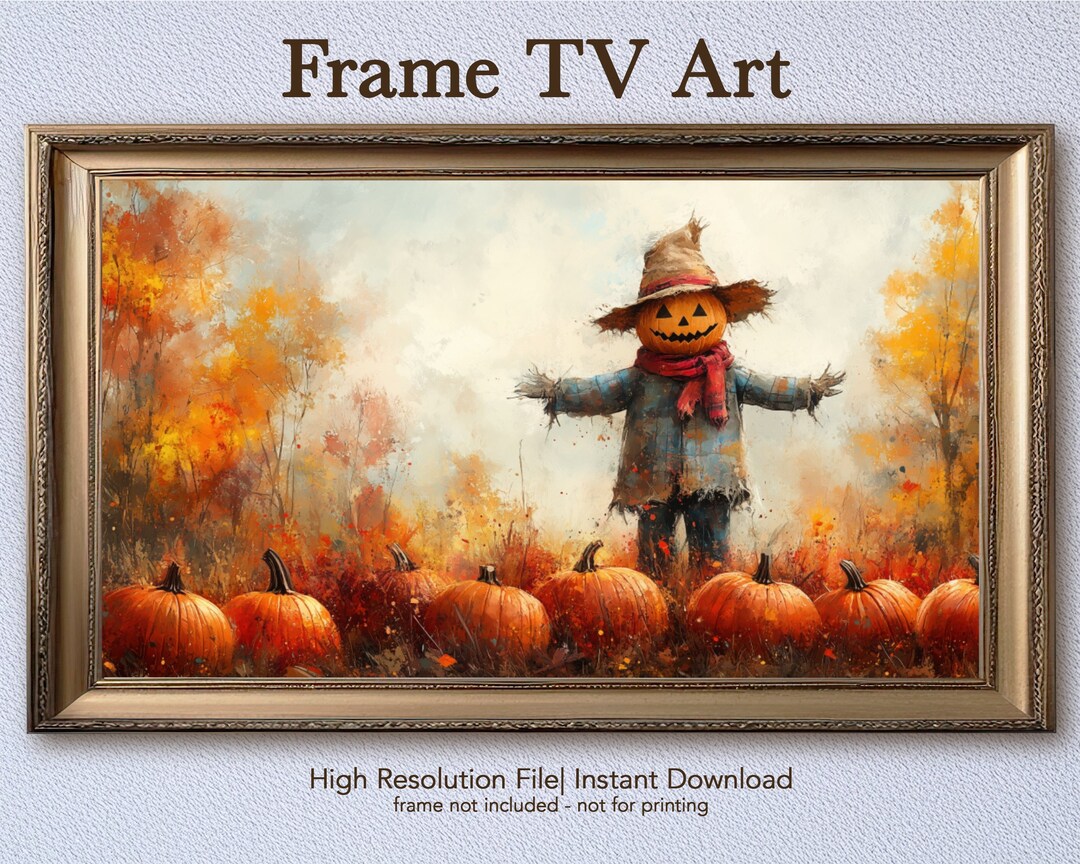 Rustic Autumn Scarecrow Digital Art for TV Frame, Fall Pumpkin Patch ...