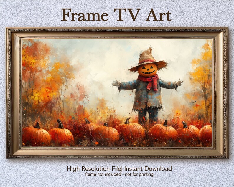 Rustic Autumn Scarecrow Digital Art for TV Frame, Fall Pumpkin Patch ...