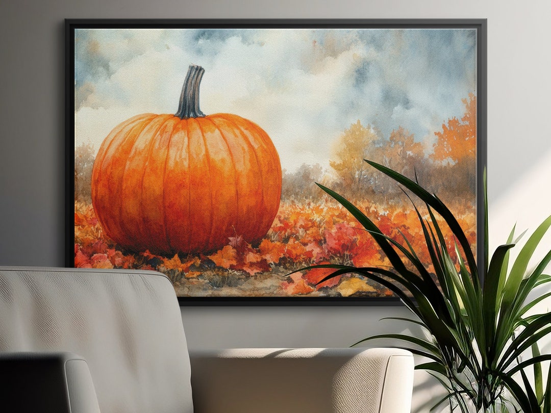 Autumn Pumpkin Watercolor Print, Fall Landscape Art, Pumpkin Patch ...