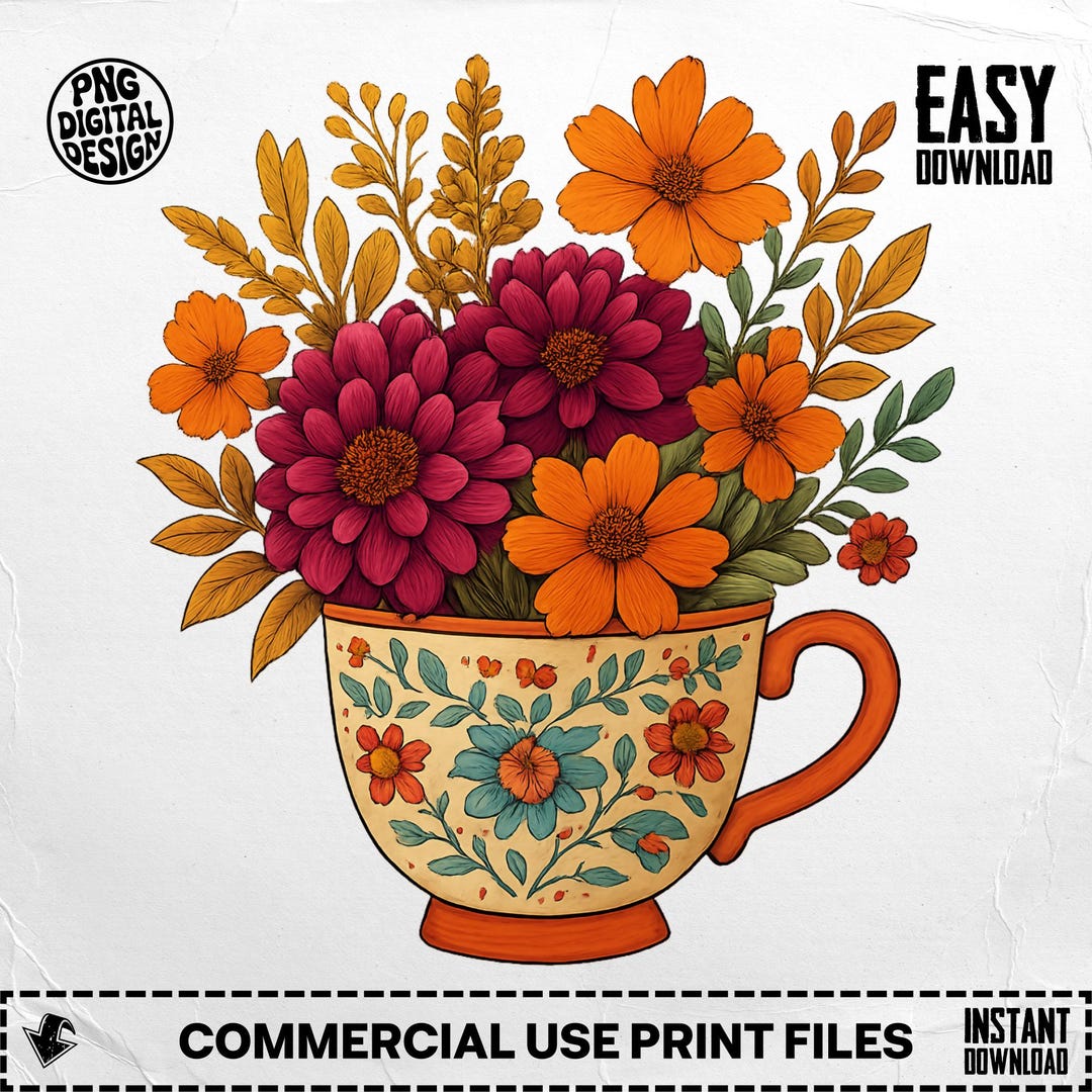 Flowers in Cup Png, Floral Teacup Png, Flower Bouquet Png, Digital ...