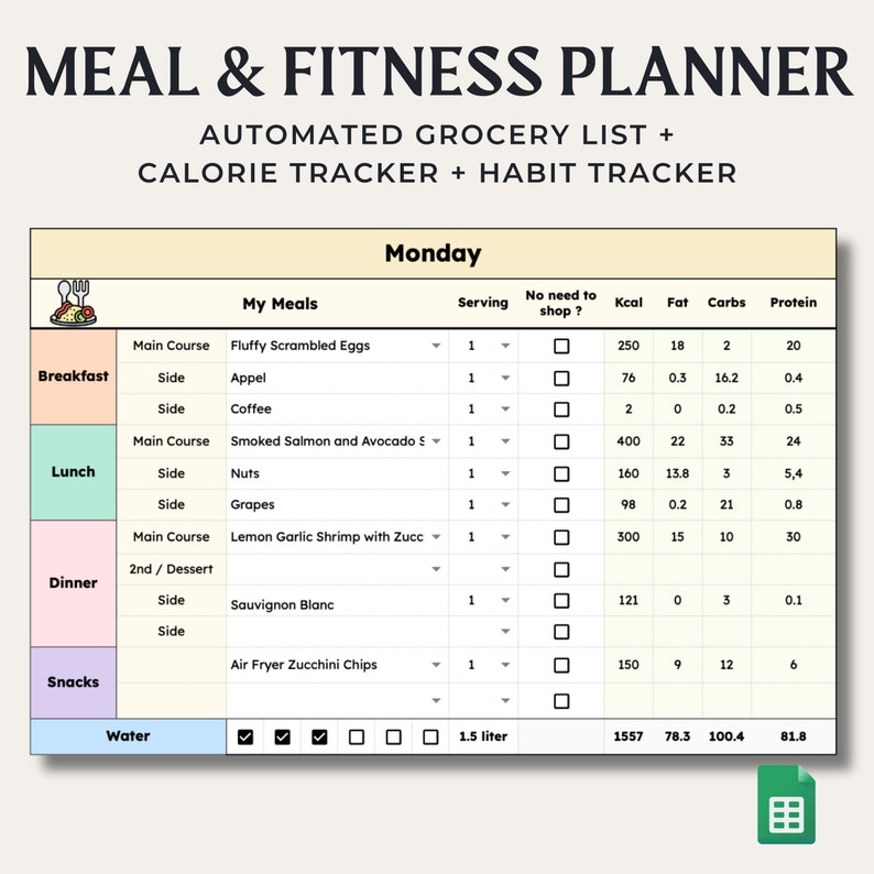 Meal Planner & Fitness Planner | Google Sheets | Workout Tracker ...