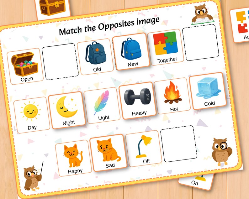 Opposites Matching Activity for Kids, Preschool Memory Game, First ...