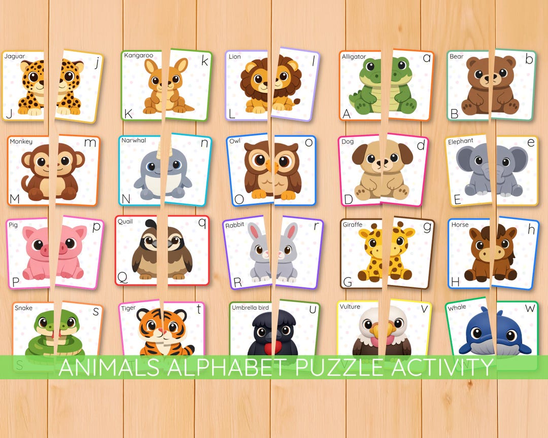 Animal Alphabet Puzzle Activity, Uppercase and Lowercase Letter ...