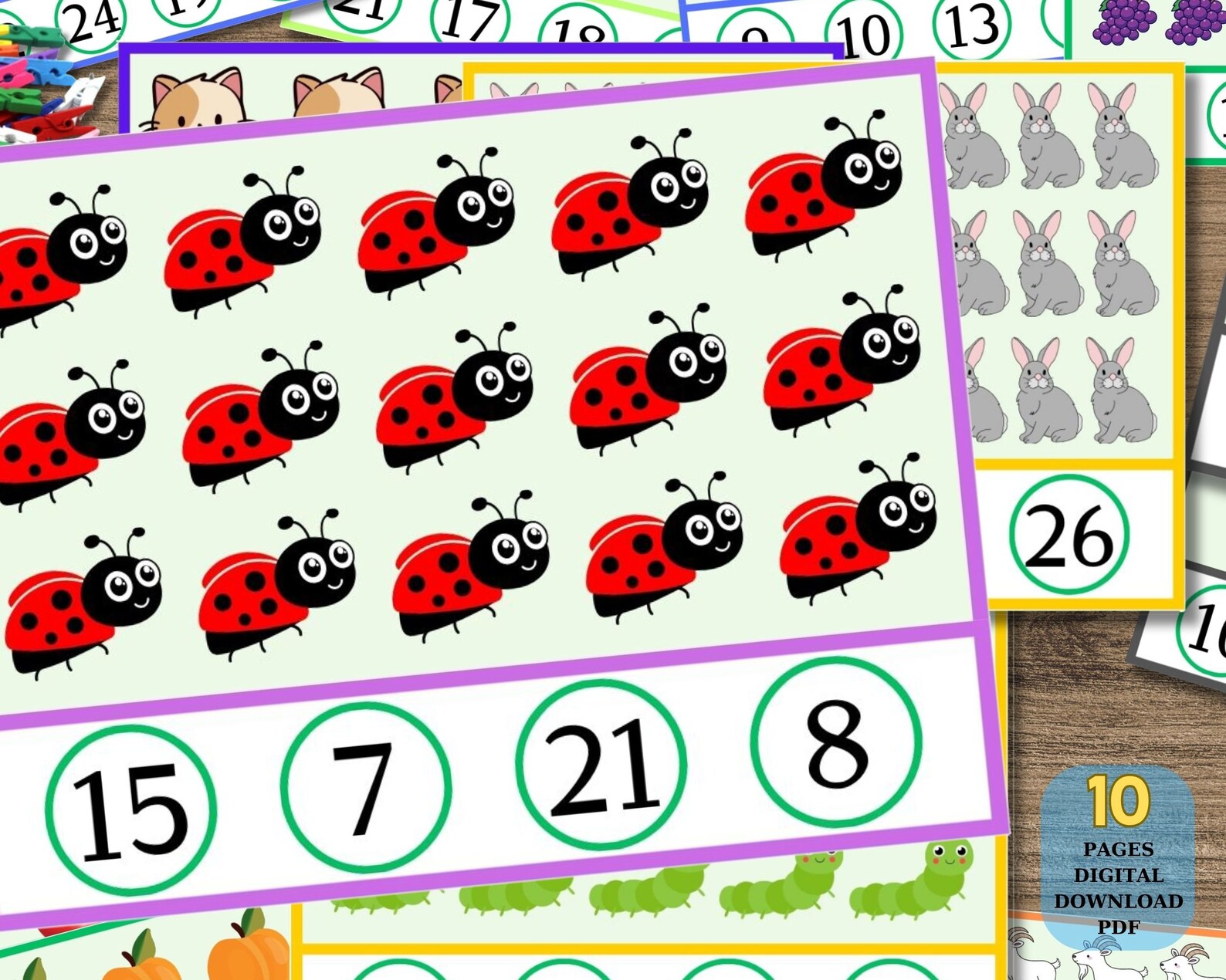 Fruit, Vegetable and Animal Number Flash Cards, Printable, Number ...