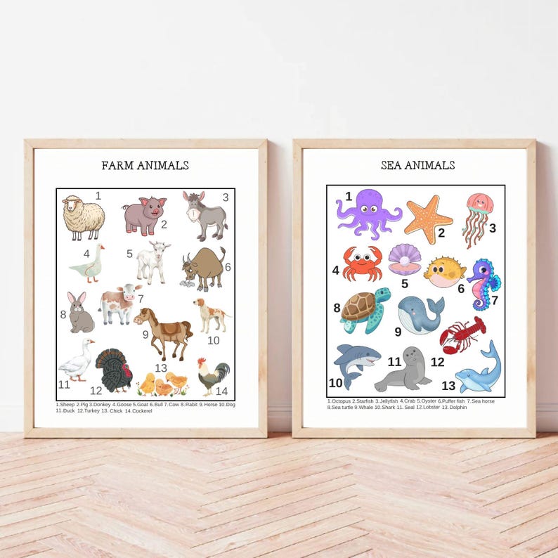 Set of Two Prints, Educational Posters, Farm and Woodland Animals ...