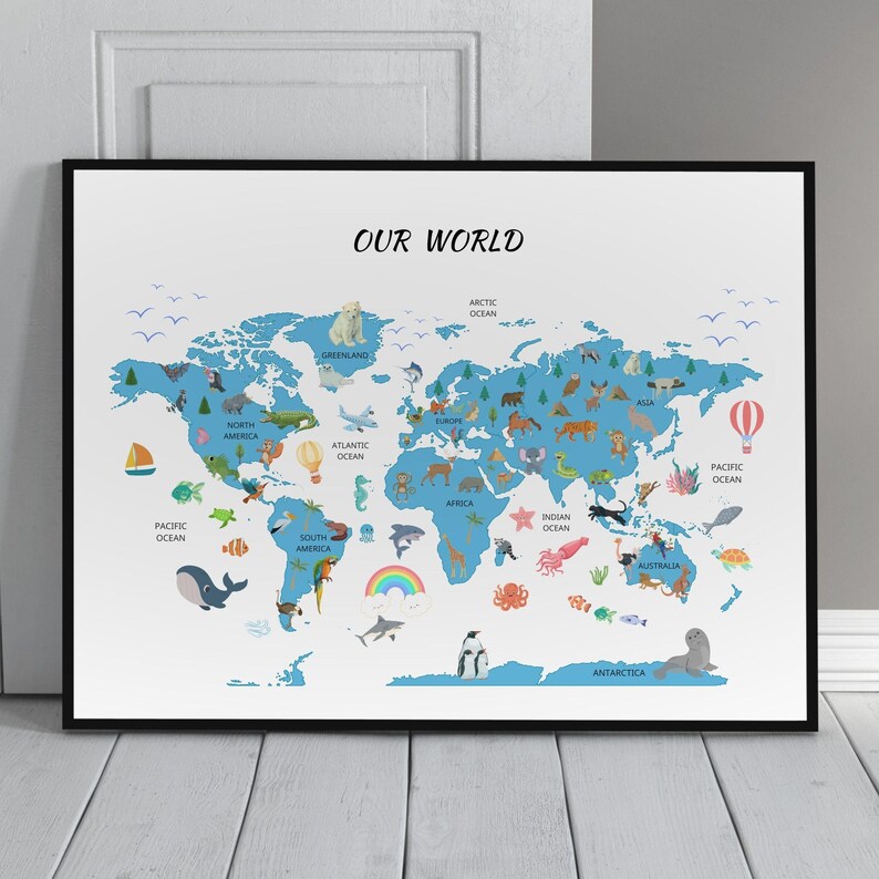 Animal World Map, Kindergarten Map, Safari Animals, Educational Poster ...