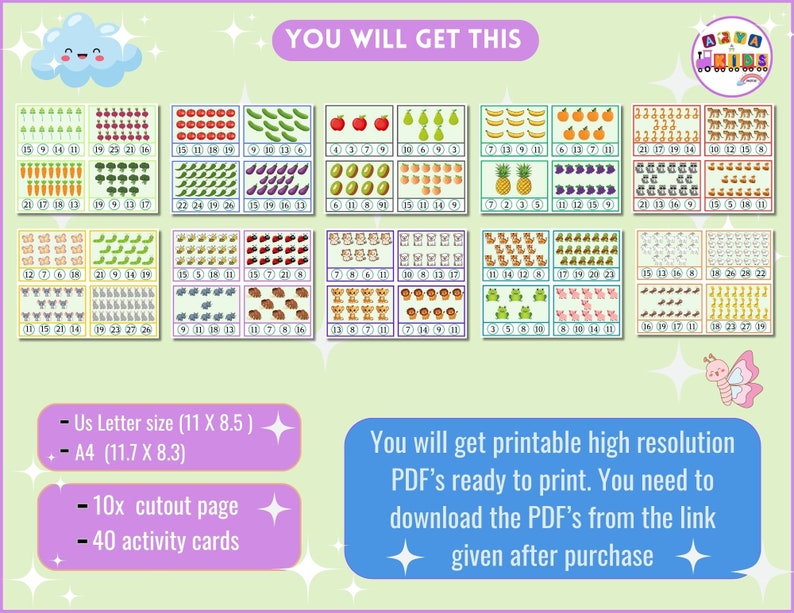 Fruit, Vegetable and Animal Number Flash Cards, Printable, Number ...