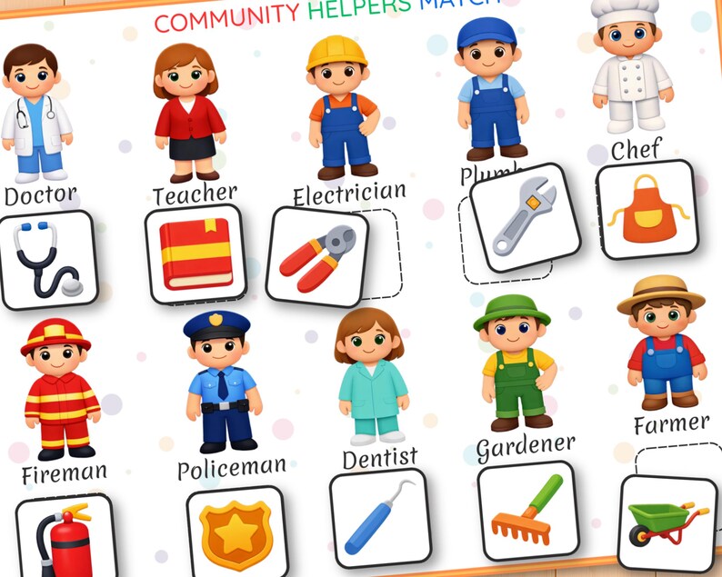 Community Helpers Matching Activity, Jobs and Tools Match for Preschool ...