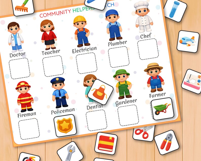 Community Helpers Matching Activity, Jobs and Tools Match for Preschool ...