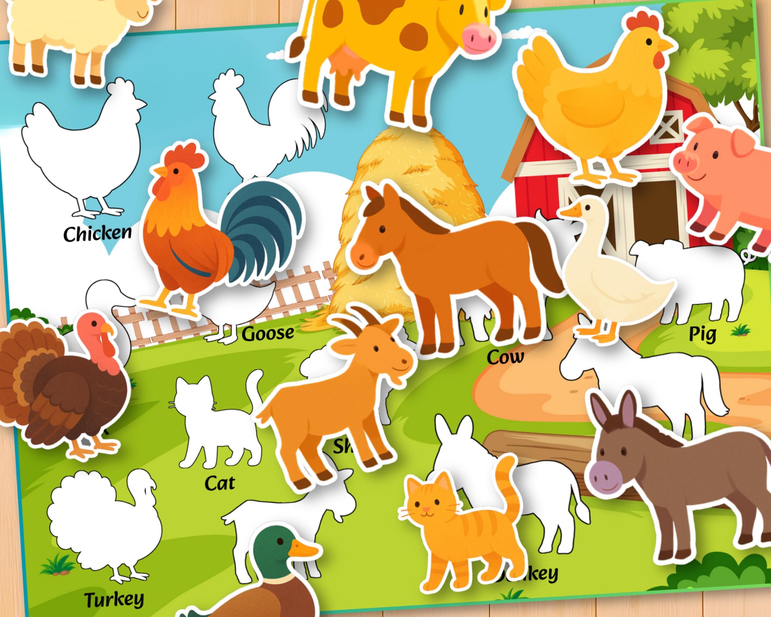 Farm Animals Shadow Matching, Busy Book Printable Page, Visual ...