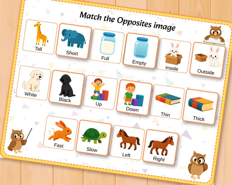 Opposites Matching Activity for Kids, Preschool Memory Game, First ...