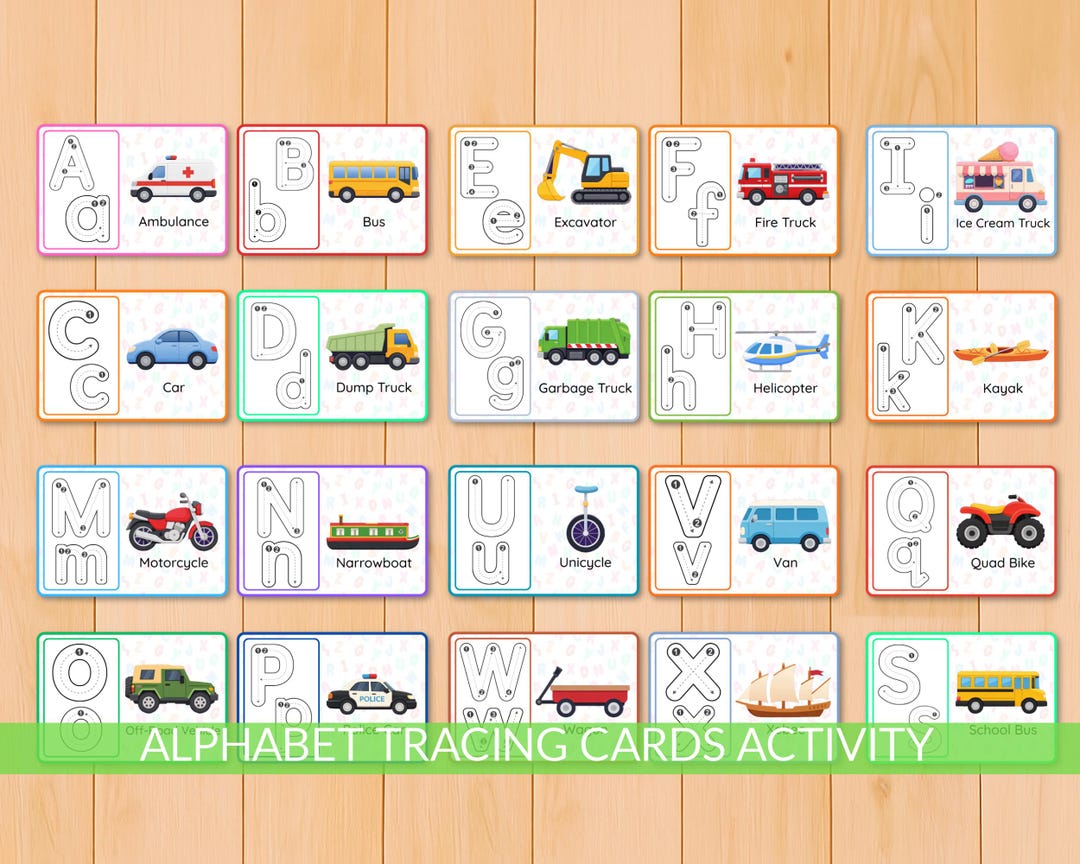 Alphabet Tracing Cards, Upper and Lowercase Letters Practice, Vehicles ...