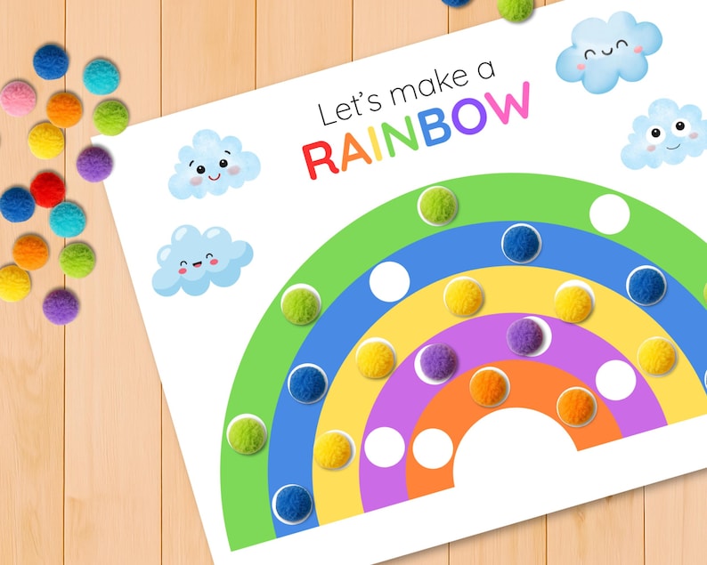 Rainbow Pom Pom Activity Mat, Color Sorting Game, Fine Motor Skills ...
