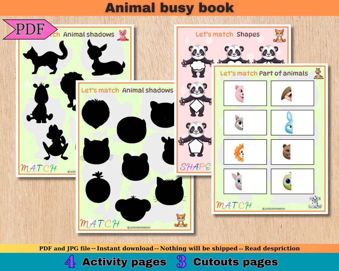 Printable Match Animals and Shadows for Preschool Busy Book, Match ...