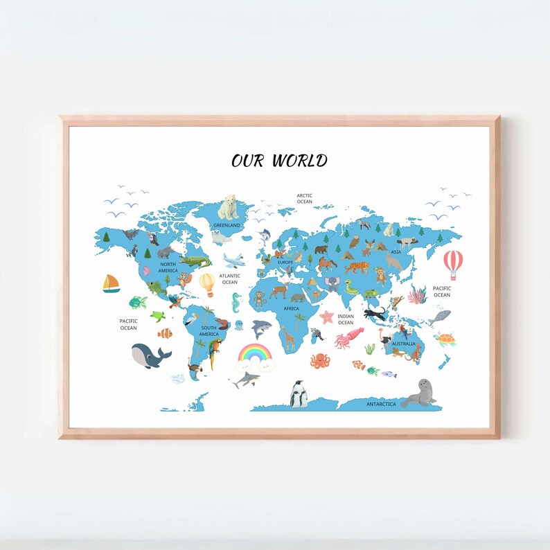 Animal World Map, Kindergarten Map, Safari Animals, Educational Poster ...